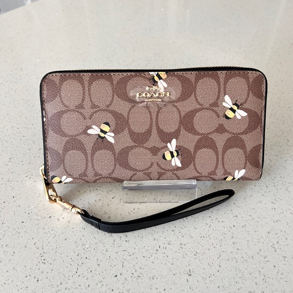 Coach | Bags | Long Zip Around Wallet In Signature Canvas With Bee ...